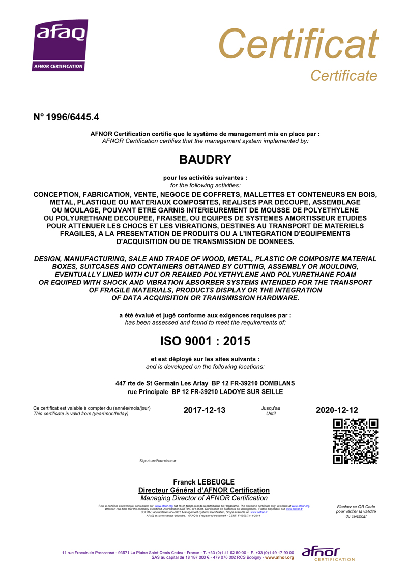 Certification ISO 9001:2015 - Baudry
